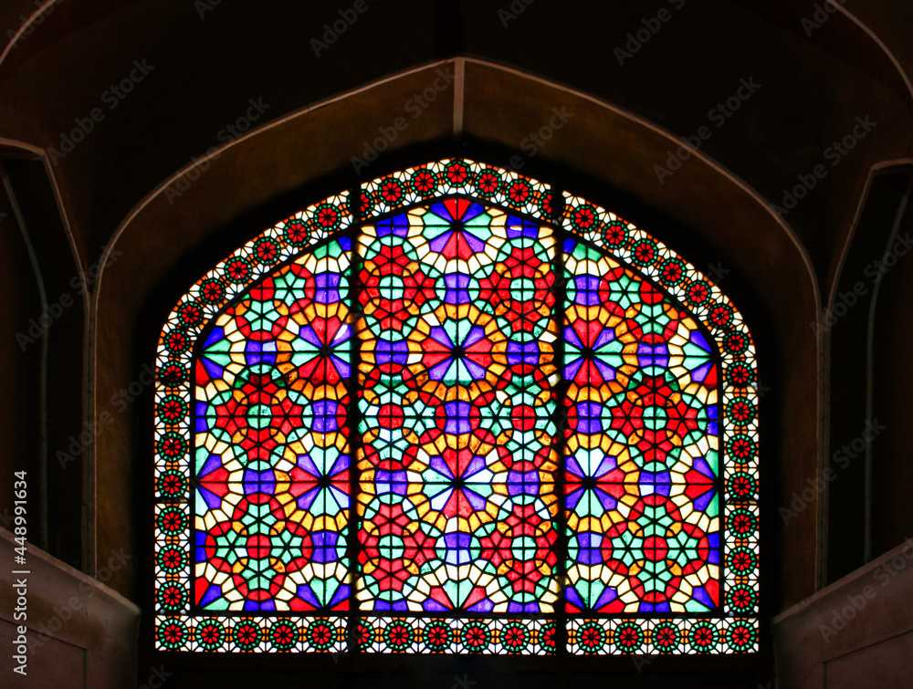 Poster the colorful symmetric stained glass window of Iranian historic ...