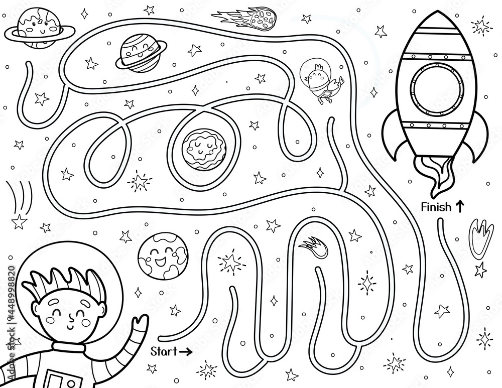 Help cute boy astronaut find a way to the rocket. Black and white space ...