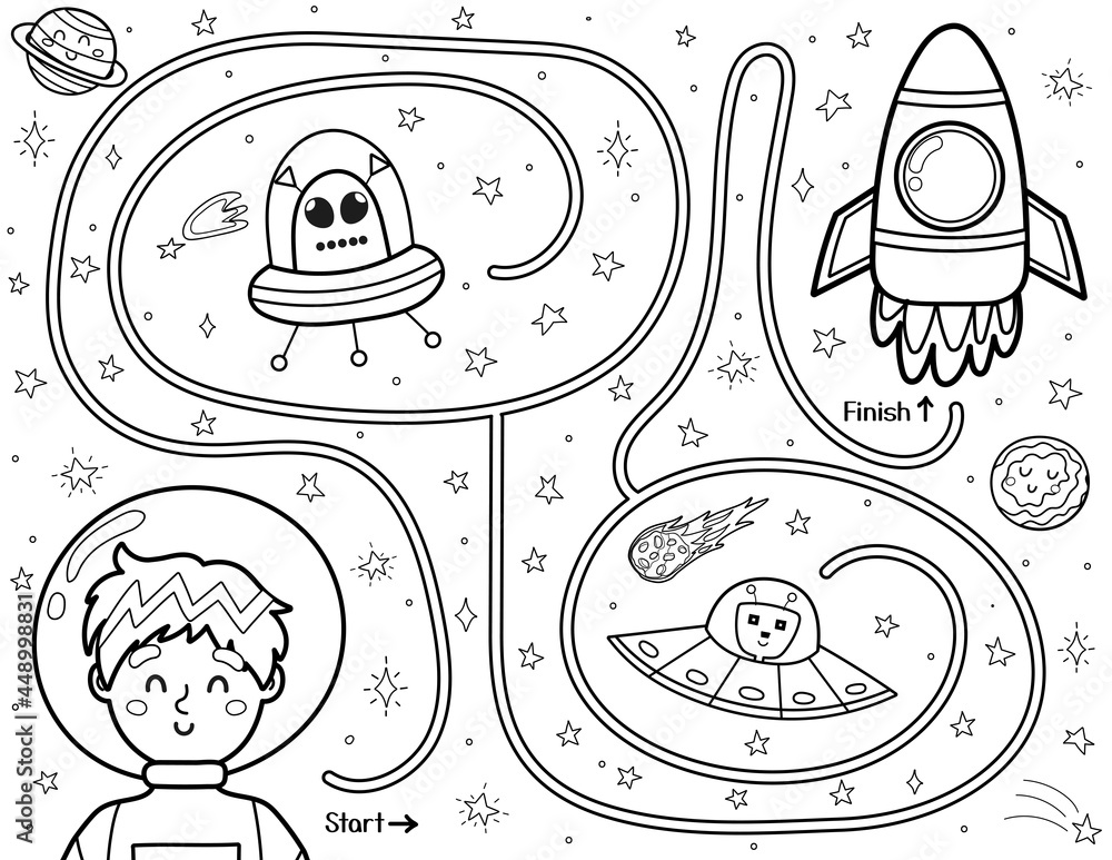 Help cute boy astronaut find a way to the rocket. Black and white space ...