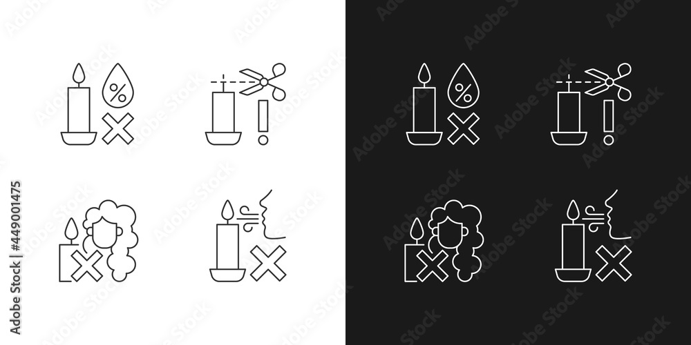 Candle safety warning linear manual label icons set for dark and light ...