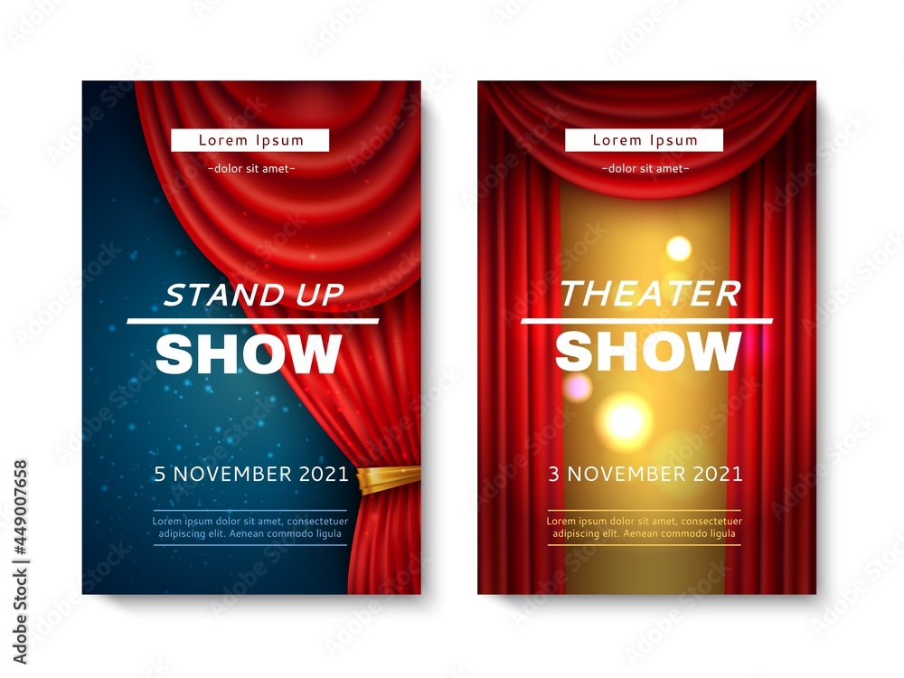 Stage red curtain show. Comedy and theatre cards playbills with ...