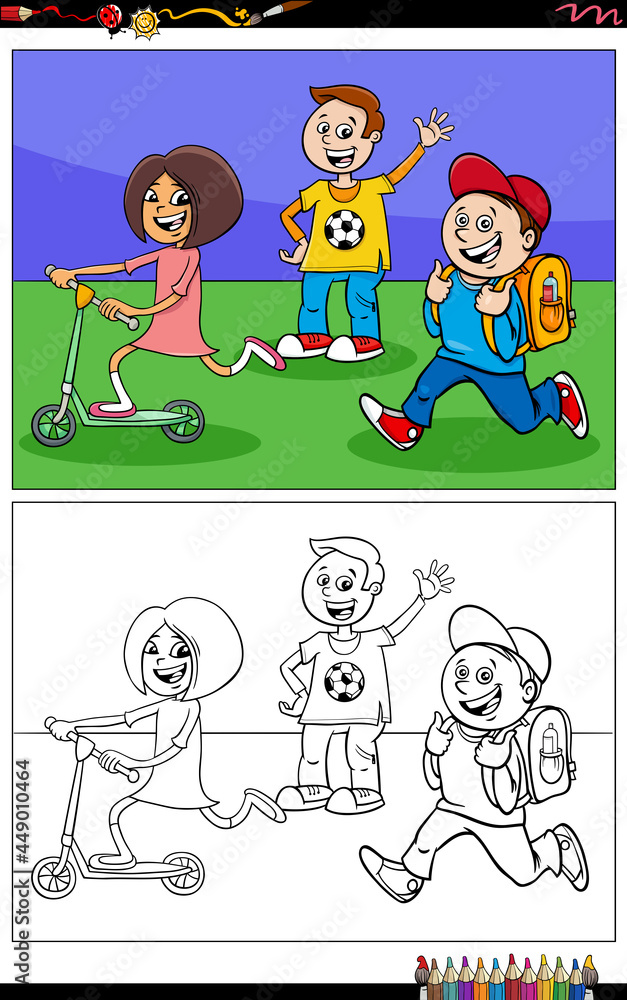 cartoon school children coloring book page Stock Vector | Adobe Stock