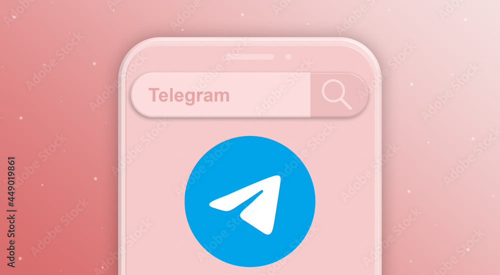 Phone with search bar, request and logo of the social network telegram ...