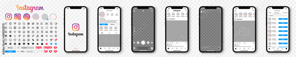 Instagram mockup set. Stories, liked, posts, photo, hashtag and ...