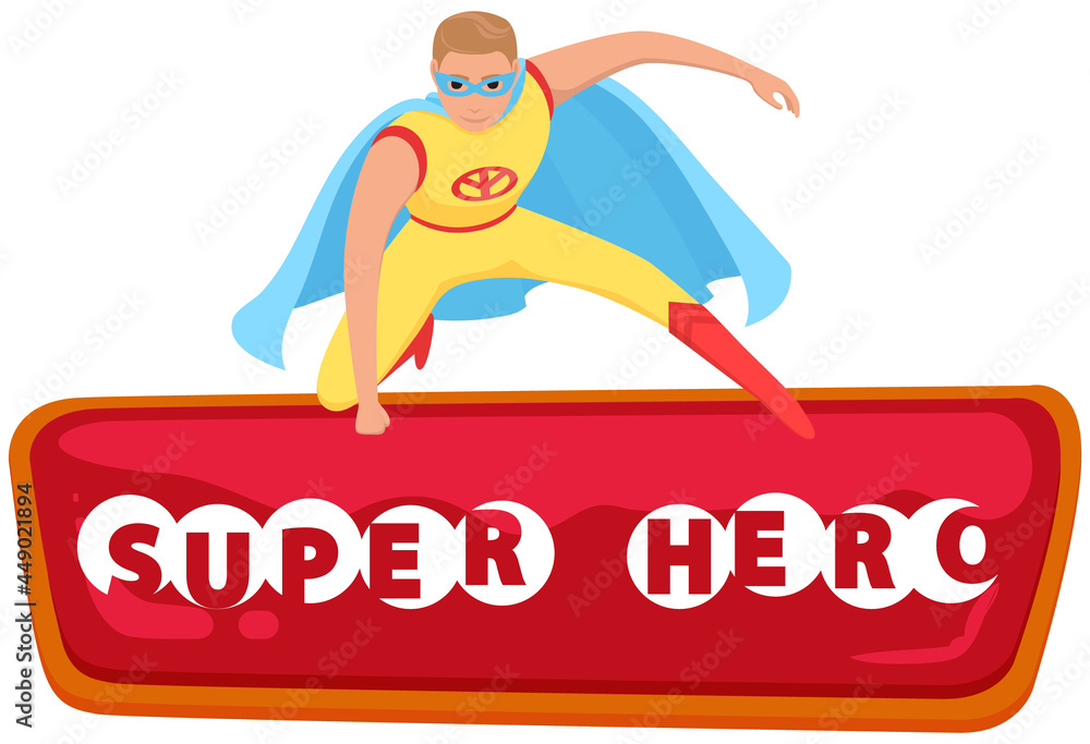 Strong super man smiles and flies to save world stretched out his hand ...