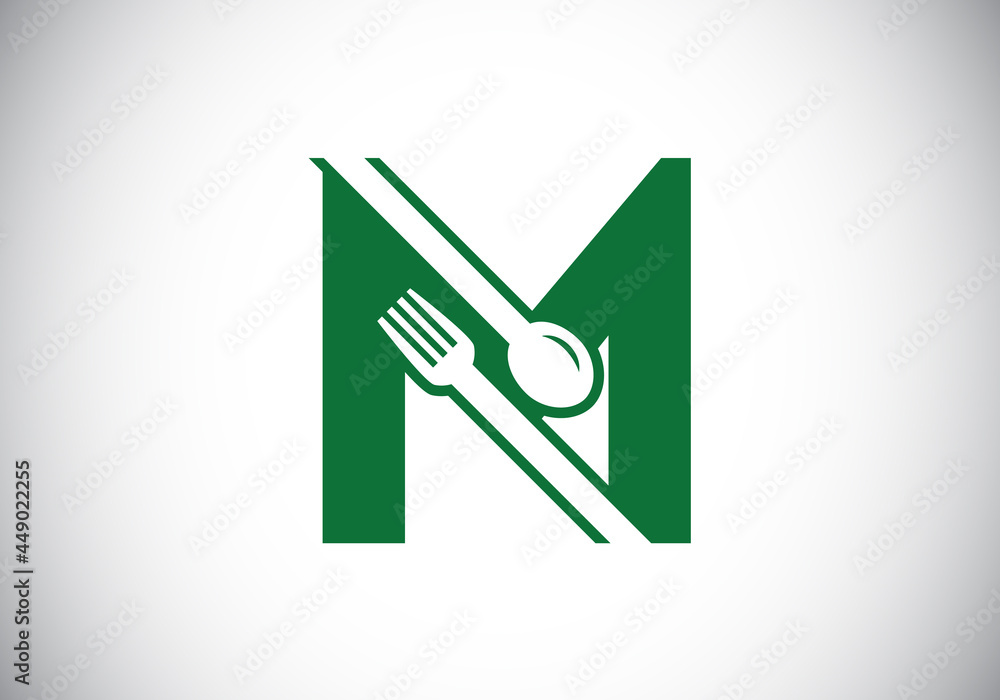 Initial M monogram alphabet with a fork, spoon. Font emblem. Modern ...
