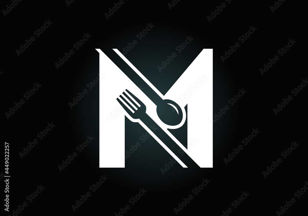 Initial M monogram alphabet with a fork, spoon. Font emblem. Modern ...