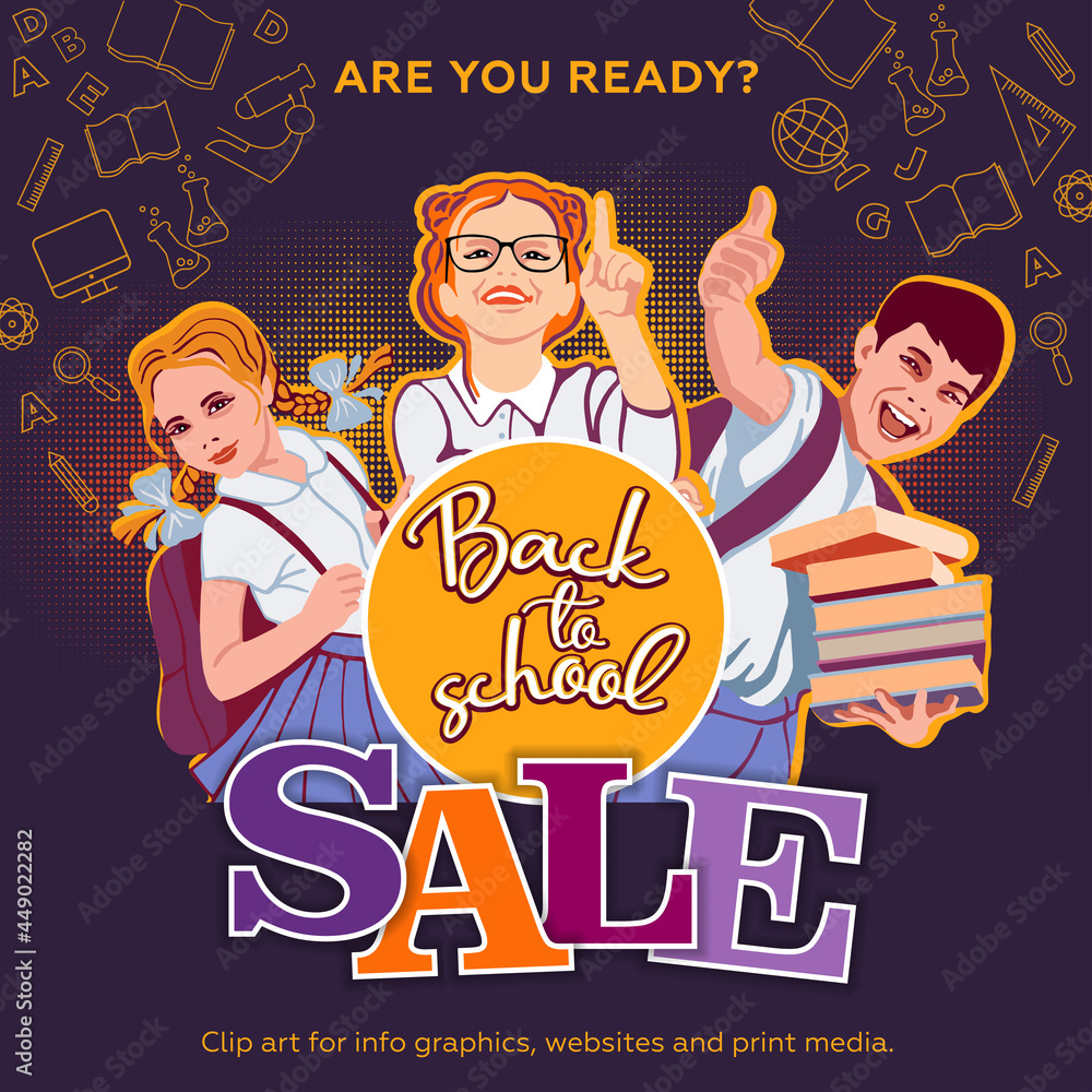 School fair, sales, banner poster back to school. Happy schoolchildren ...