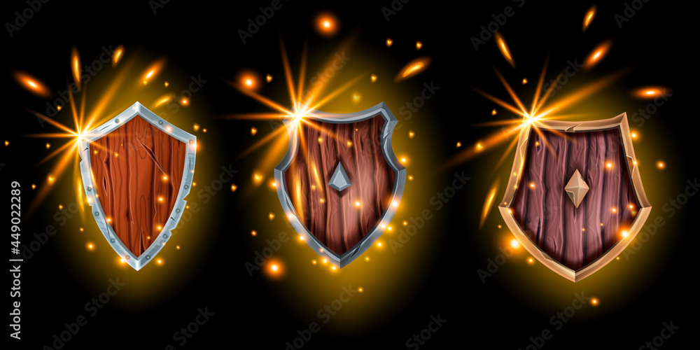 Game wooden shield vector set, medieval knight armor, magic glowing war ...