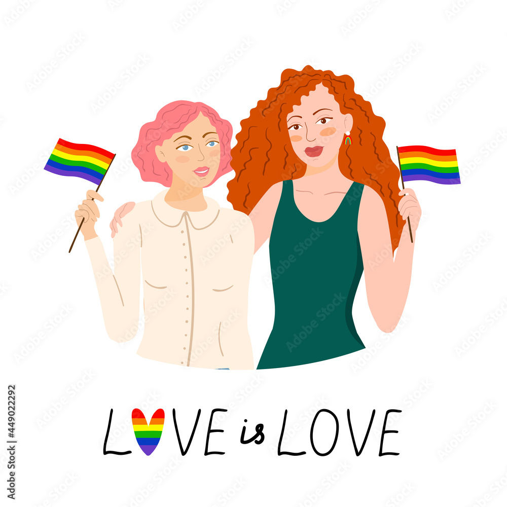 Two Lesbian Girls Are Holding Flags Of The Day Of The Gay Pride Parade
