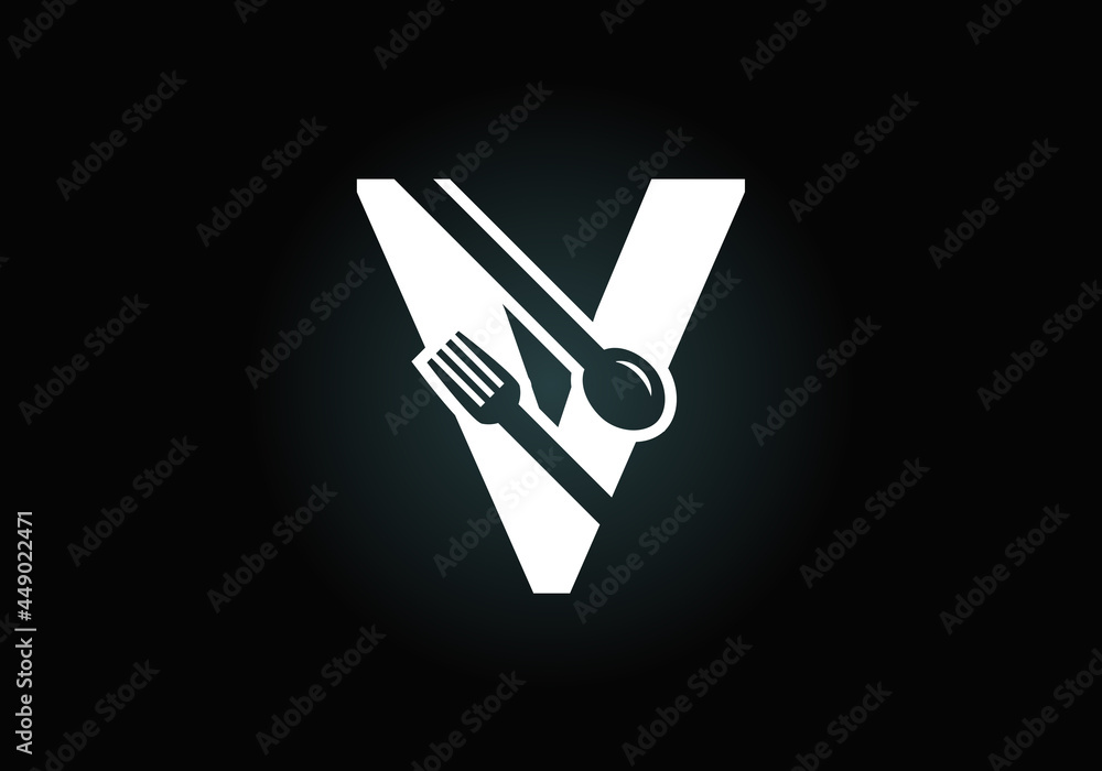 Initial V monogram alphabet with a fork, spoon. Font emblem. Modern ...