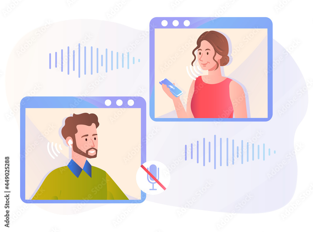 Voice message concept. Woman records audio message, man listens with ...