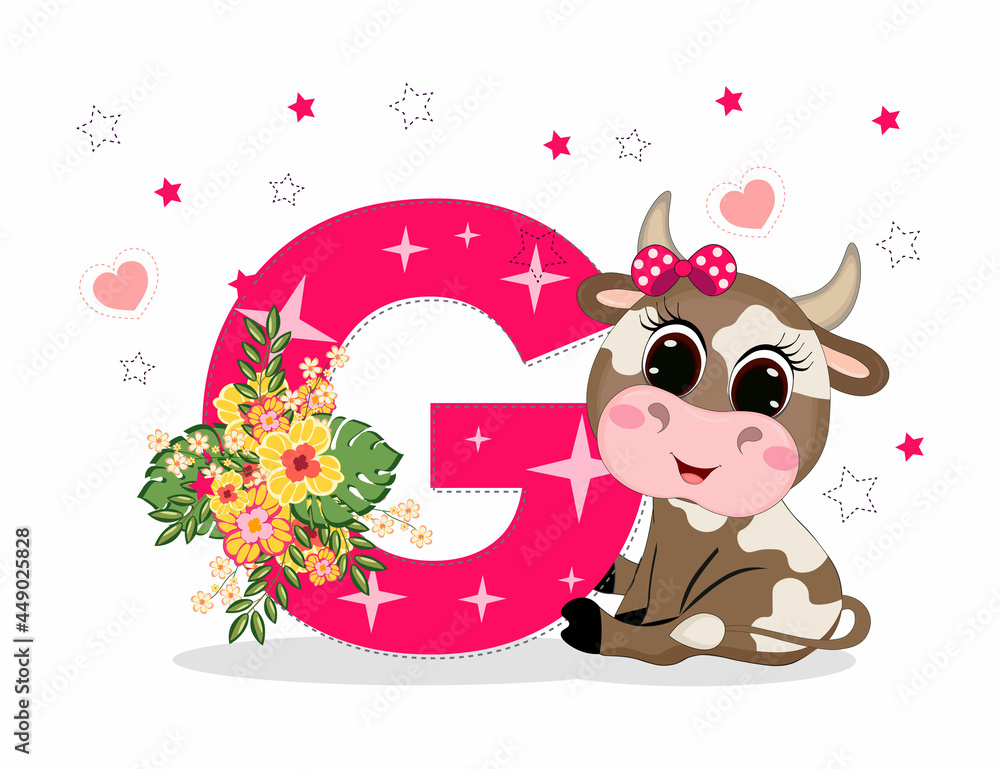 Cute Cartoon little baby beautiful cow girl with letter G. Perfect for ...