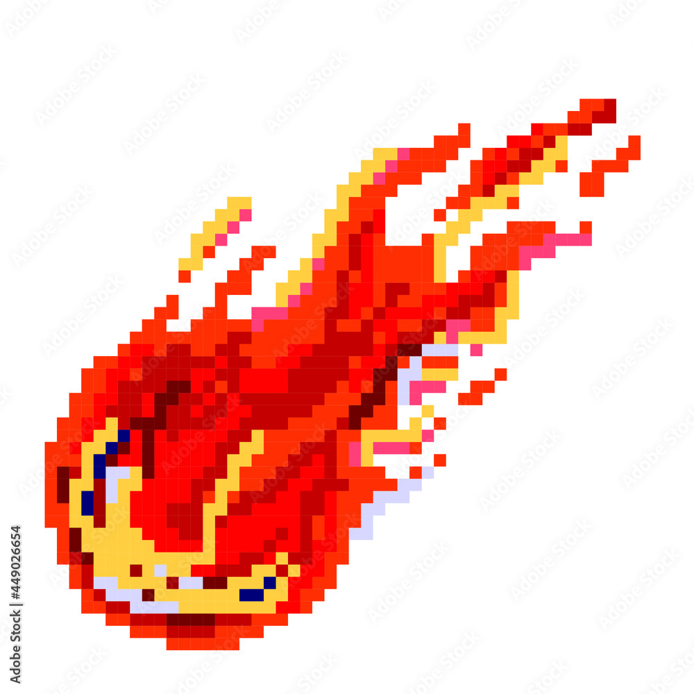 Falling fiery pixel comet. Flaming fire ball rushing towards planet burning asteroid with ...