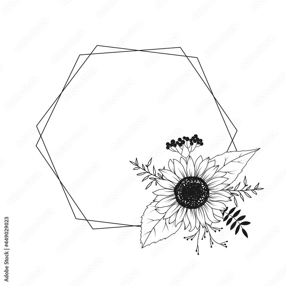 Sunflower hand drawn floral frame wreath Stock Vector | Adobe Stock