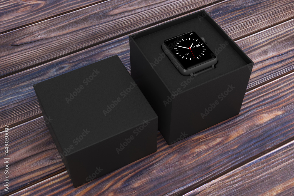 Black Modern Smart Watch Mockup and Strap with Black Gift Box. 3d ...