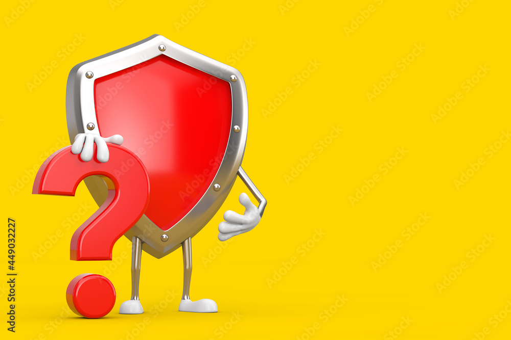 Red Metal Protection Shield Person Character Mascot with Red Question ...