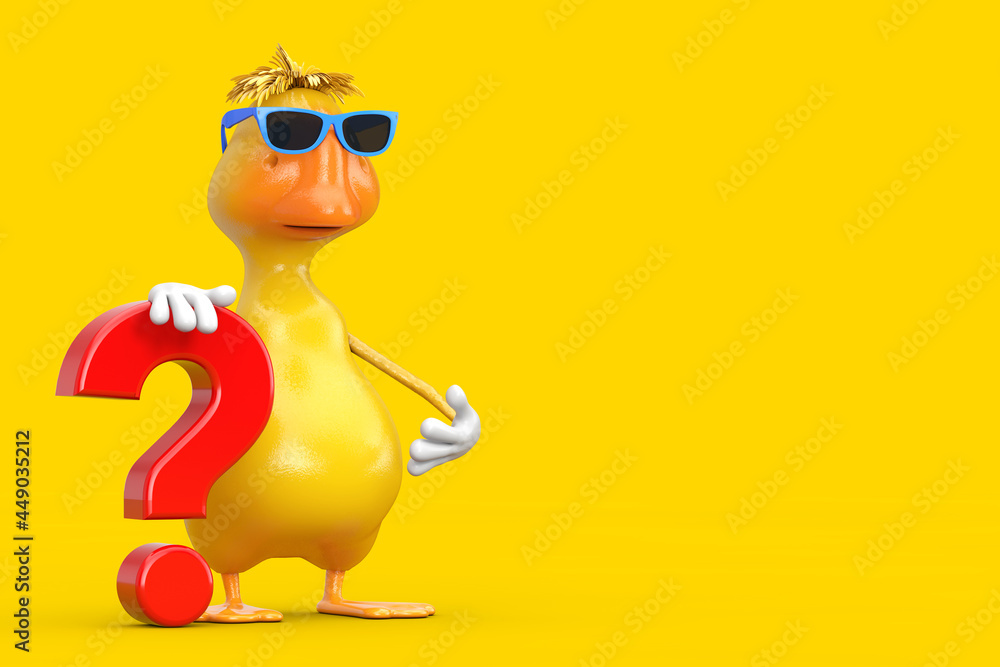 Cute Yellow Cartoon Duck Person Character Mascot with Red Question Mark ...
