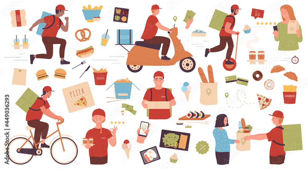 Fast food delivery service set vector illustration. Cartoon young ...