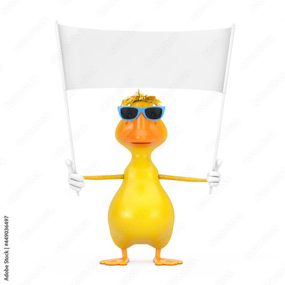 Cute Yellow Cartoon Duck Person Character Mascot and Empty White Blank ...