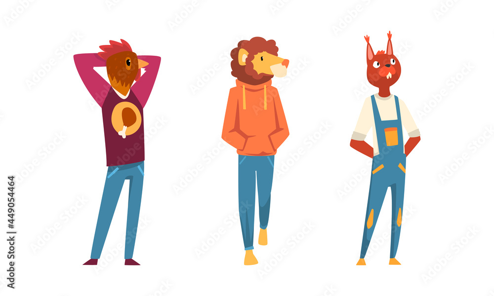 Animal Character Wearing Human Clothing in Standing Pose Vector Set ...