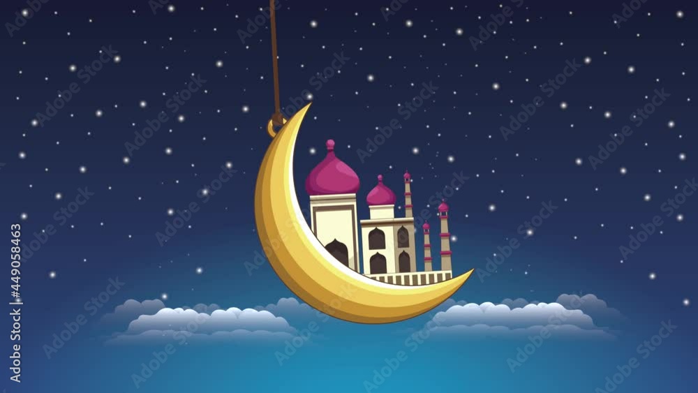 eid mubarak celebration animation with golden moon and mosque Stock ...