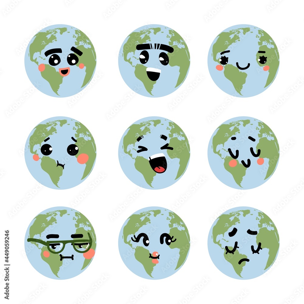 Earth emotions. Cartoon planet with funny faces. Happy or sad ...