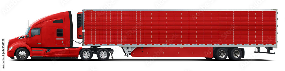 A large modern American truck in all red color. Side view isolated on ...