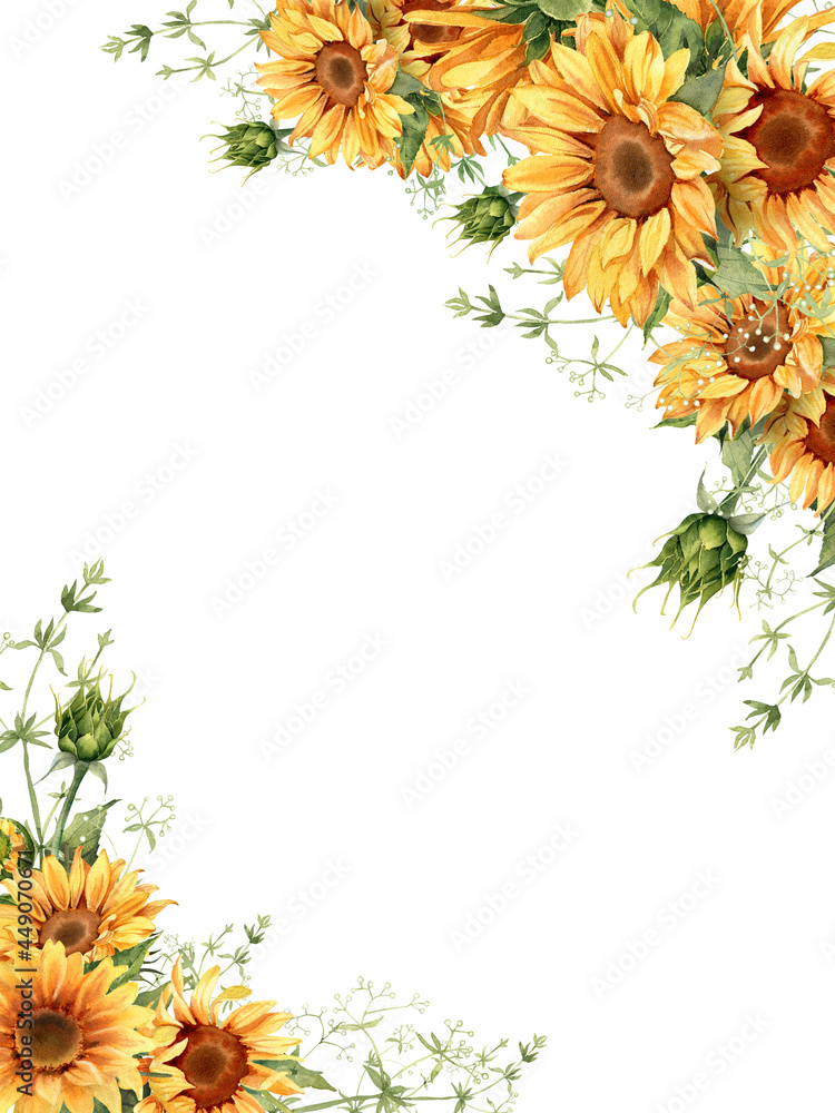 Sunflower banner. Watercolor floral frame. Yellow flowers for rustic ...