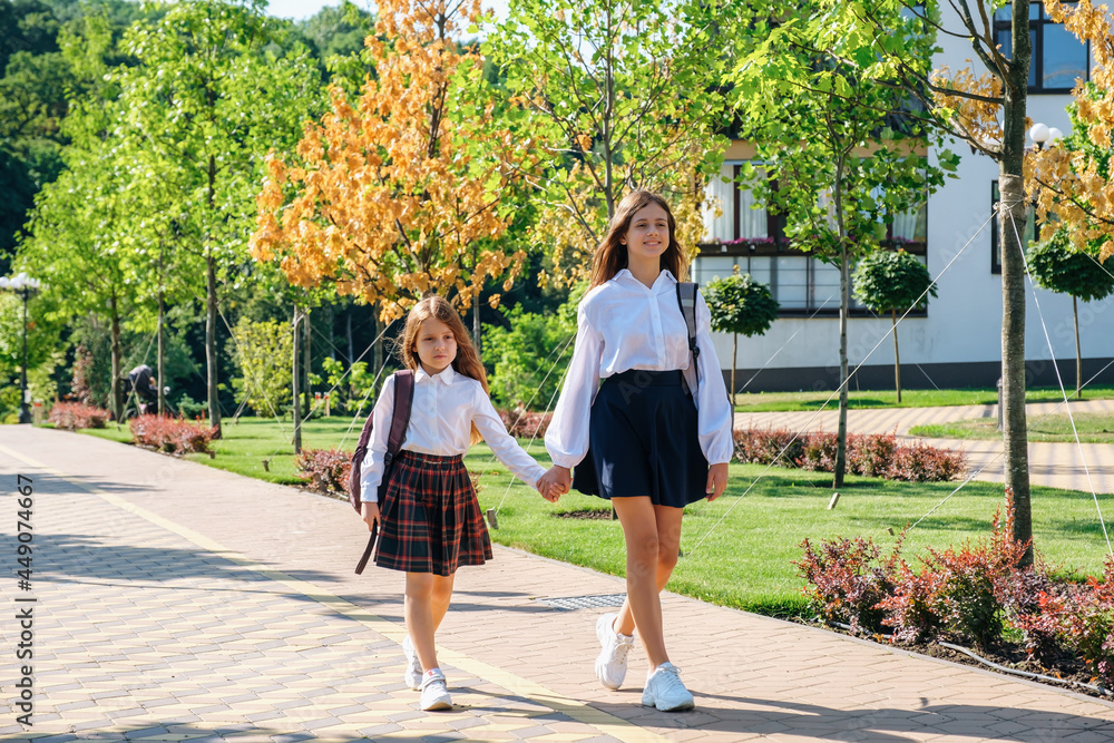 Two girls sisters in school uniform hold hands and go to school ...