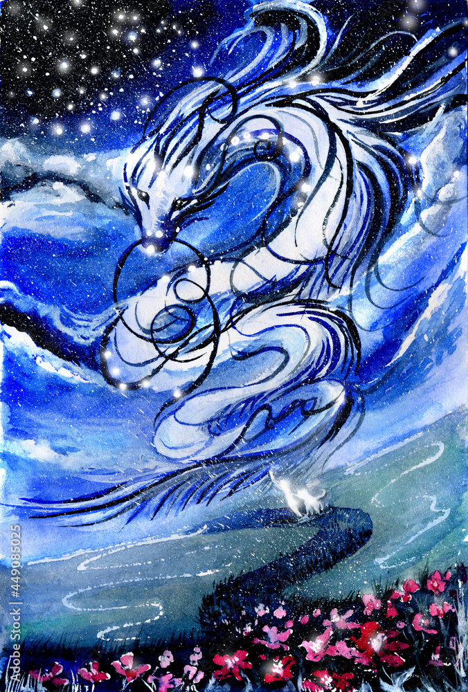 Star dragon among the night sky. The shining girl reaches out to the ...