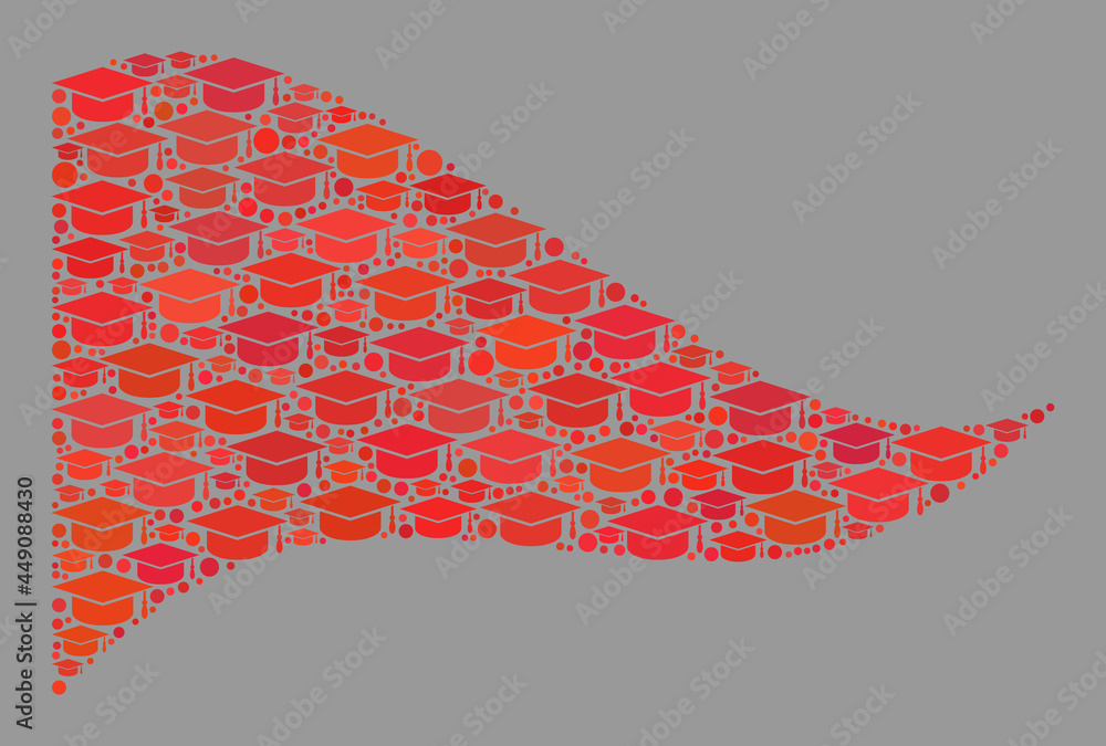 Mosaic waving red triangle flag constructed of student hat icons ...