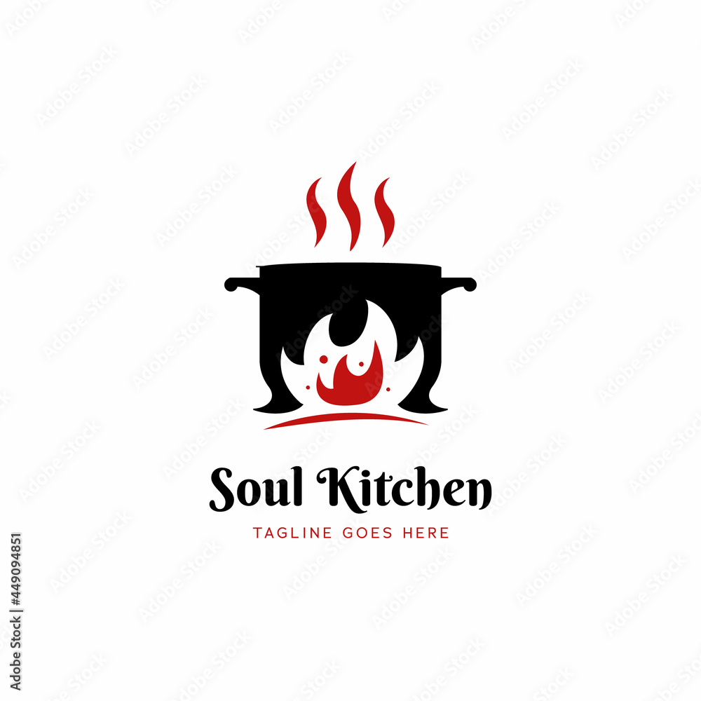 Soul Kitchen hot pot restaurant logo icon with big red fire flame Stock ...