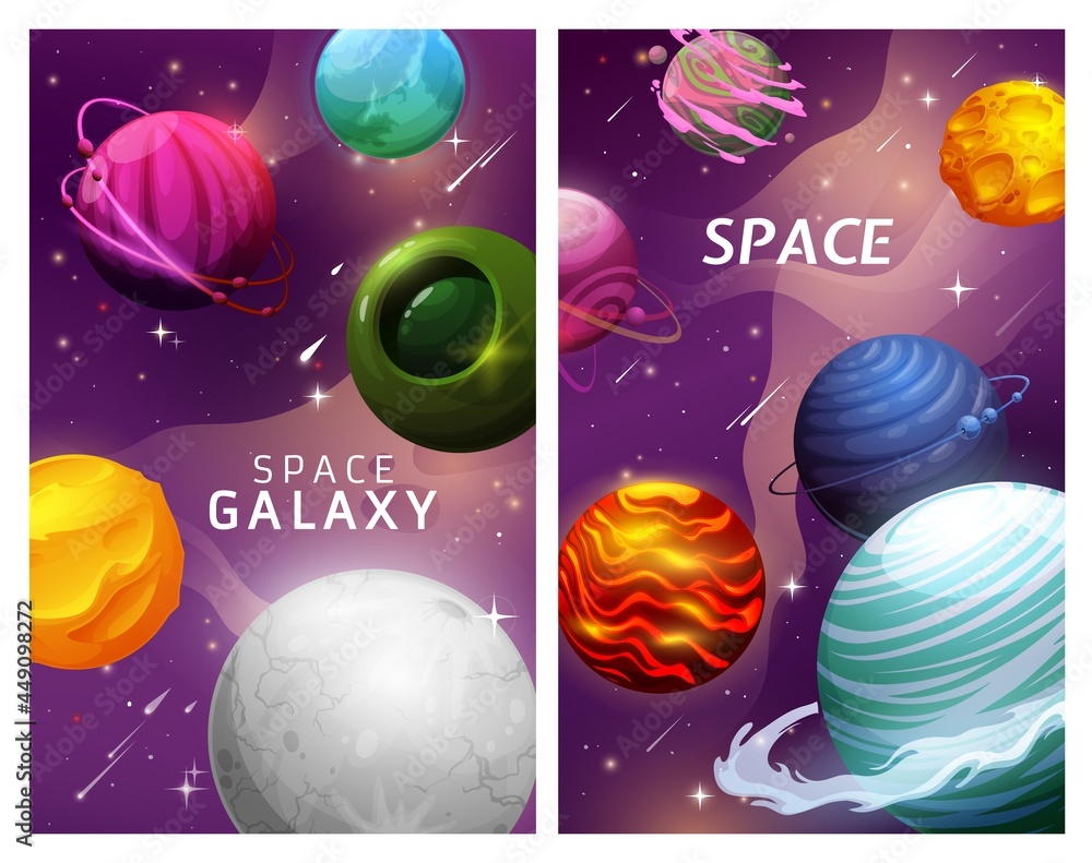 Cartoon space planets and stars landscape galaxy with asteroids, vector ...