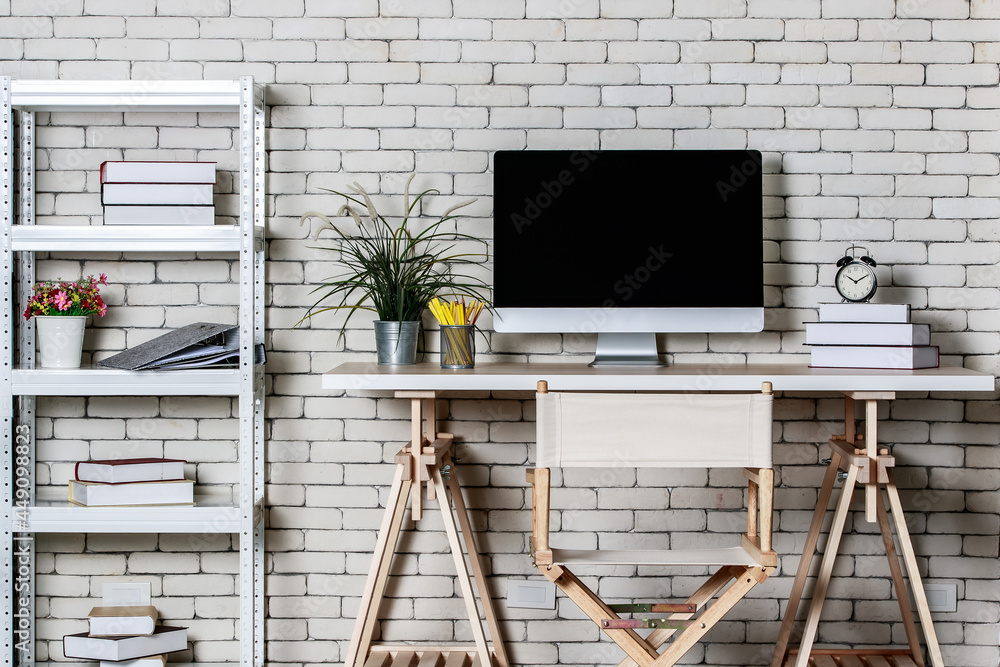 Minimal style with less decorate office coner with metal shelf ...