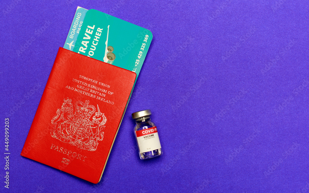 Flight boarding pass, red passport, visa beside world recommended covid ...