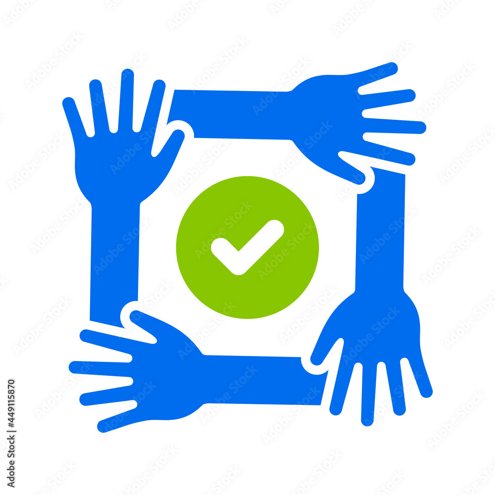 Four hands support each other with check mark icon, concept of teamwork ...
