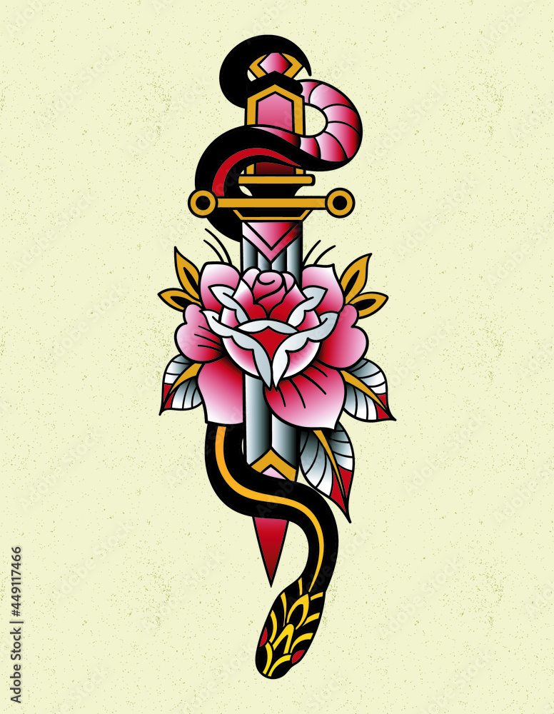American Traditional Dagger And Snake Tattoo