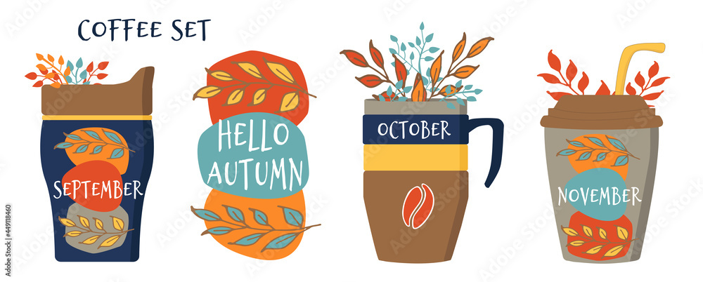 Vecteur Stock Hello Autumn seasonal concept . Set of coffee cups with ...