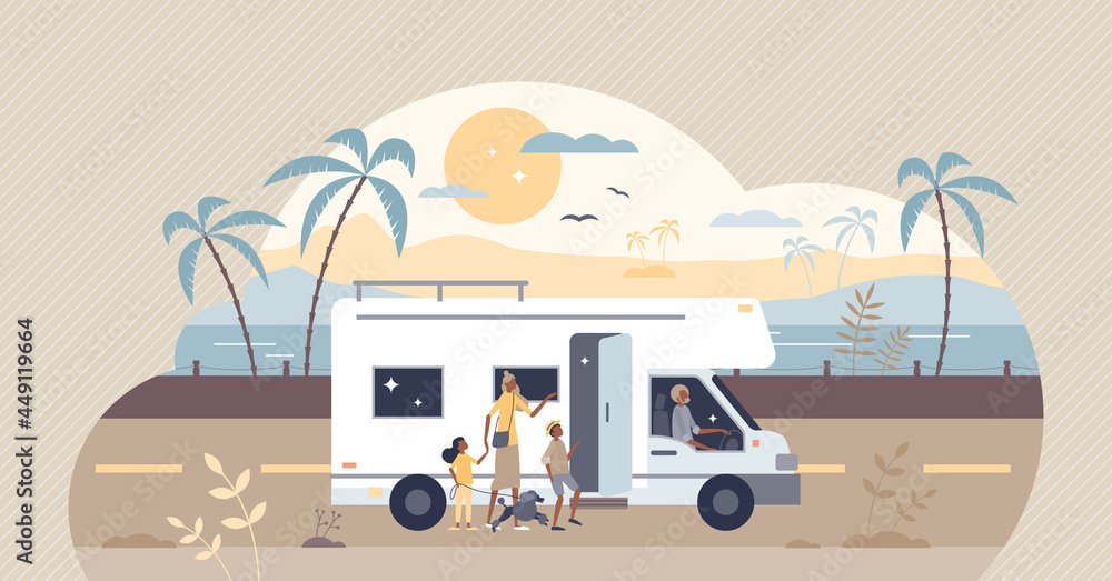 RV road trip scene with travel camper vehicle on road tiny person ...