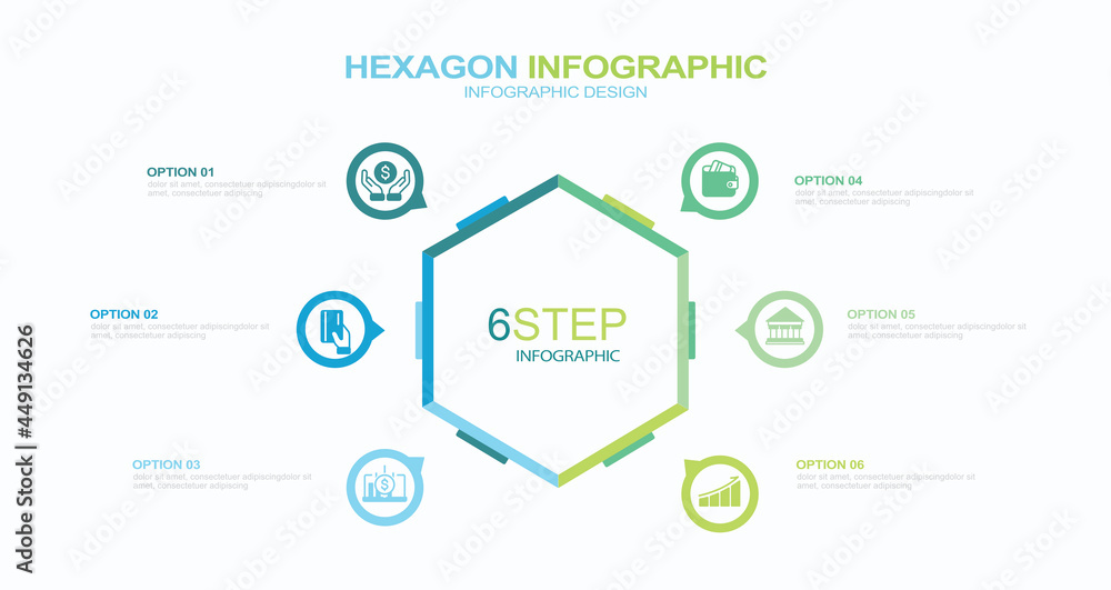 Business infographic. Organization chart with 6 options, hexagons ...