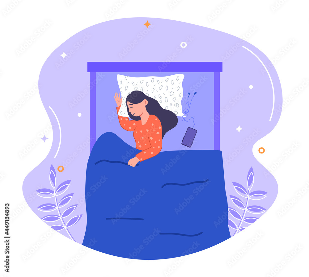 Sweet dreams concept. Young woman with good health sleeps on soft bed ...