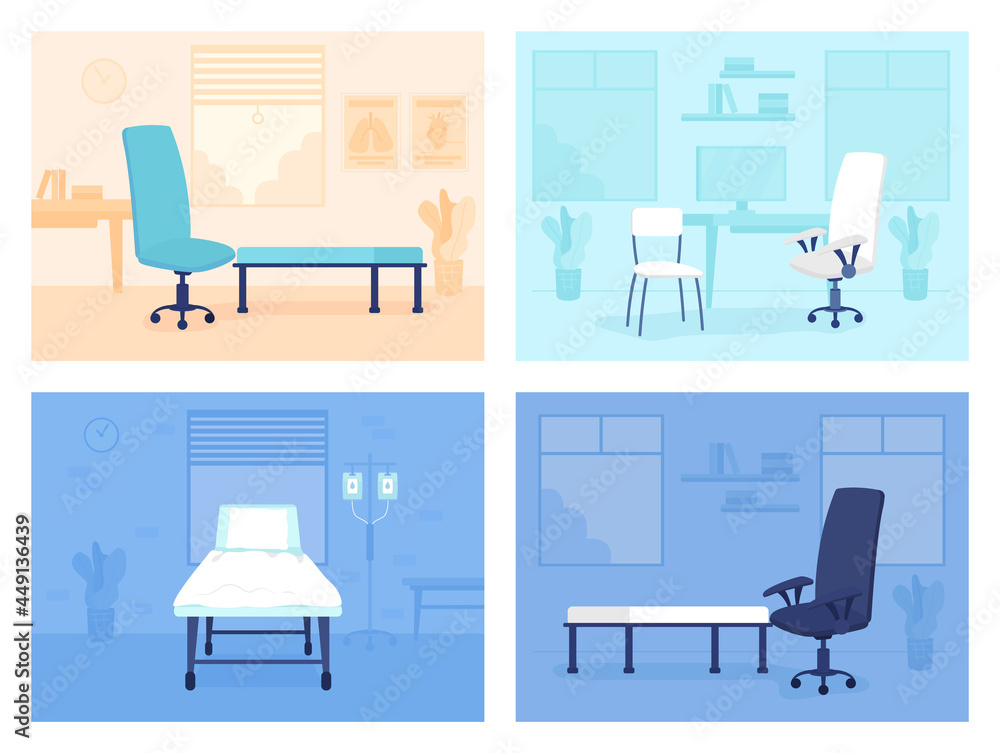 Doctor office room flat color vector illustrations set. Therapeutic ...