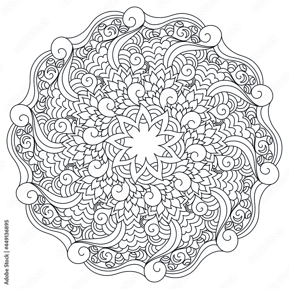 Zentangle mandala coloring book page. Zendoodle line art black and ...