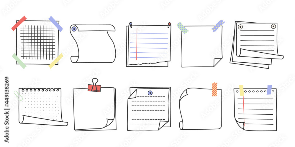 Doodle hand drawn memo notes and reminders vector illustration set ...