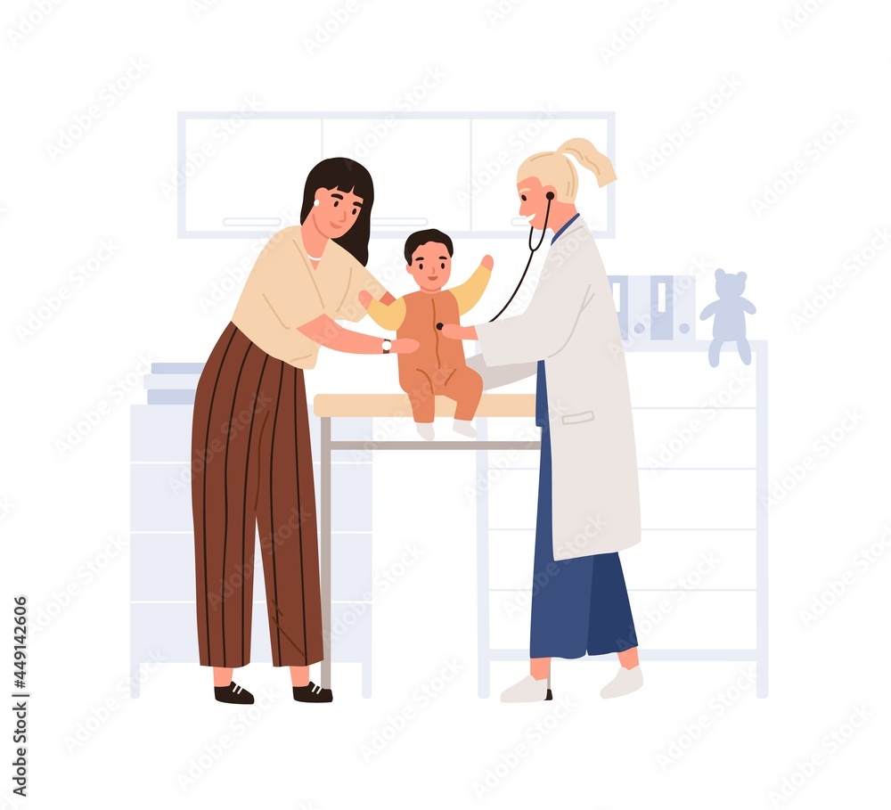 Vecteur Stock Doctor examining and listening child with stethoscope ...