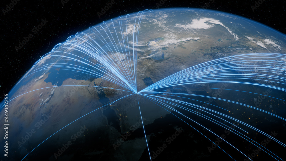 Earth in Space. Blue Lines connect Riyadh Saudi, Arabia with Cities ...
