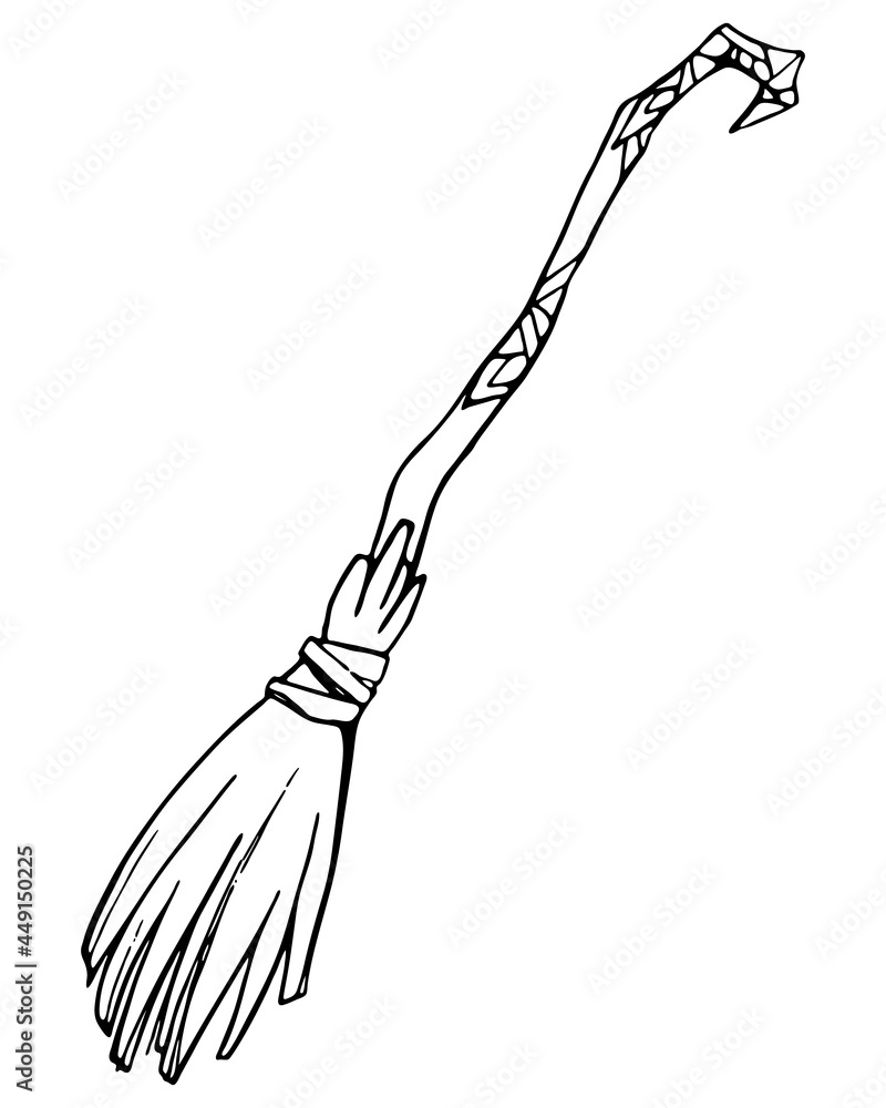 Halloween Witch's Broom . Black and white doodle linear sketch. Vector ...