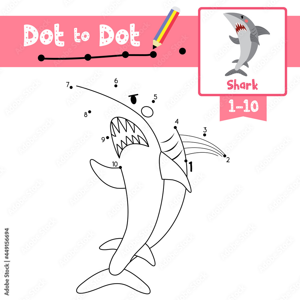 Dot to dot educational game and Coloring book Angry Shark animal ...