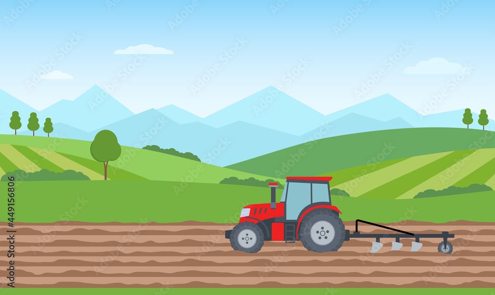 Tractor plowing the field on rural landscape background. Agriculture ...